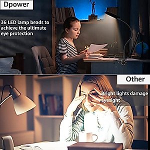 Dpower Desk Lamp with Clamp, 8W Clip on Light with 3 Lighting Modes, 10 Brightness Level, Eye-Caring Reading Lamp, Flexible Gooseneck Clamp Lamp, USB Desk Light for Bed Headboard Home Office Workbench