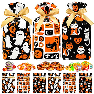 Shintop Halloween Goodie Bags Drawstring, 50PCS Small Treat Candy Bags Reusable Plastic Gift Bags Party Favors Supplies for Trick or Treat Sweets Cookies (Ghosts, Black Cats, Pumpkins)