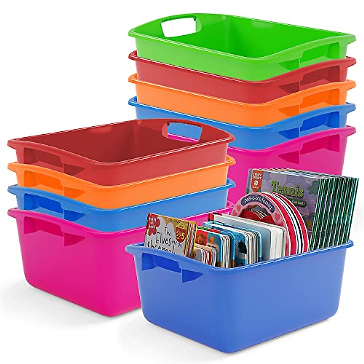 Zilpoo 5 Pack - Plastic Book Bins for Classroom Library, Cubby Shelf Toy Storage Organizer Box with Handles, Bulk Teacher Supplies Holder, Colored