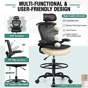AtHope Drafting Chair, Tall Office Chair with 3D Lumbar & Head Support, Ergonomic Mesh Standing Desk Chair with Footring, Comfy Extended High Desk Chair with Flip-Up Arms & Hanger (Black)
