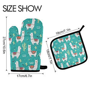 Qilmy Llama Oven Mitts and Pot Holders Heat Resistant Gloves Kitchen Counter Safe Mats for BBQ Cooking Baking Grilling Microwave
