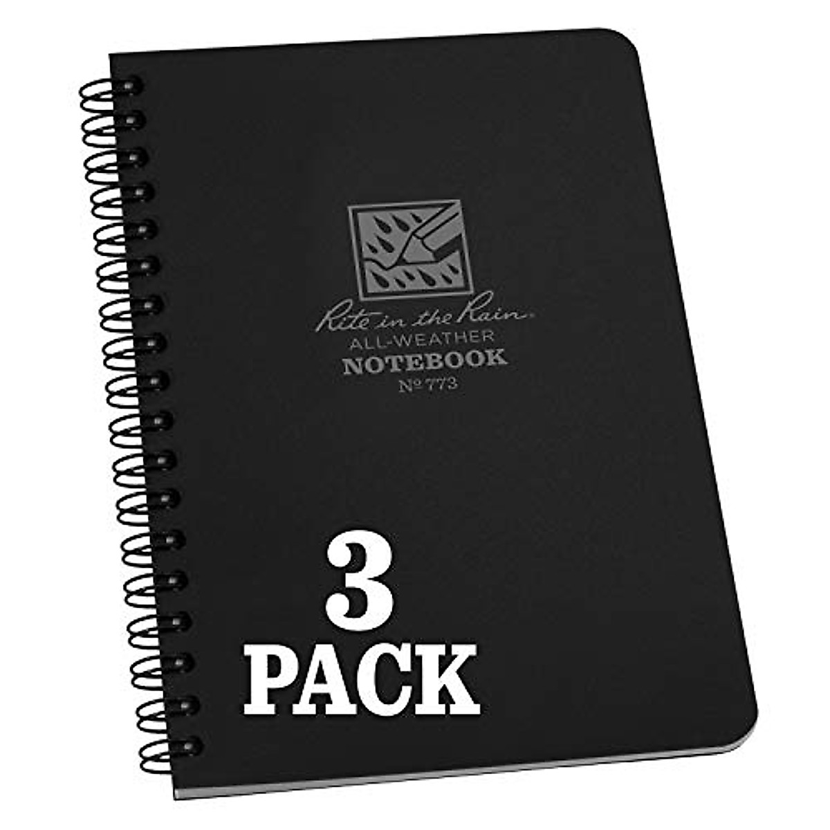 Rite In The Rain Weatherproof Side Spiral Notebook, 4.625" x 7", Black Cover, Universal Pattern, 3 Pack (No. 773L3)