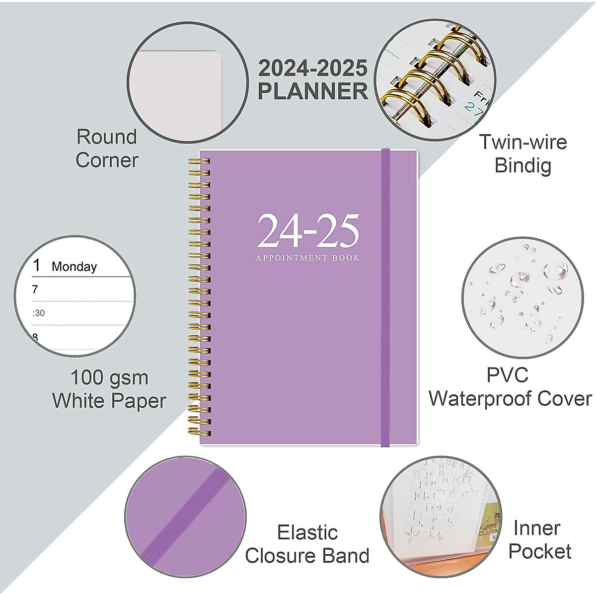 2024-2025 Appointment Book & Planner - A5 2024-25 Daily Hourly Planner from July 2024 - June 2025, Weekly Appointment Book with 30-Minute Interval, Medium 6.4" x 8.5", Purple
