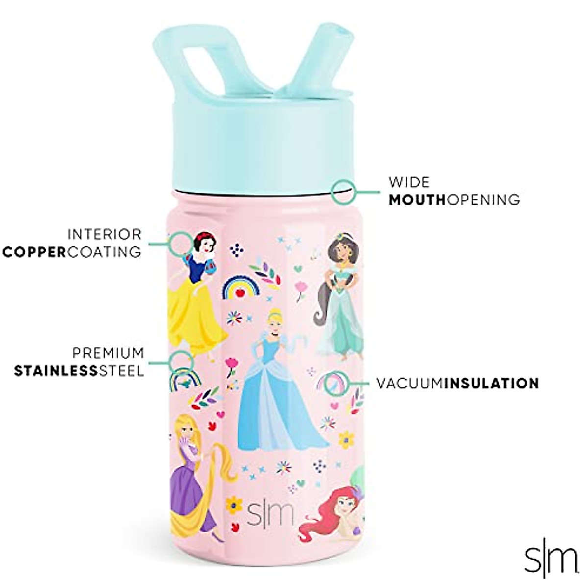 Simple Modern Disney Princesses Toddler Water Bottle with Straw Lid | Reusable Insulated Stainless Steel Kids Cup | Summit Collection | 10oz, Princess Rainbows