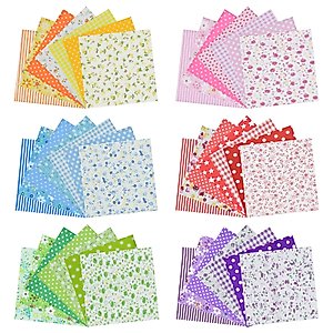 42Pcs 9.8"x 9.8" Fabric Square Quilting Cotton Pre-cut Bundles Floral Grid Stripe Dot Multicolor Design for Patchwork DIY Sewing Craft Decorating Scrapbook, 6 Color Series