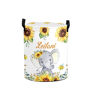 Custom Elephant Sunflower Bee Laundry Hamper Personalized Laundry Basket with Name Storage Basket with Handle for Living Room Bedroom Bathroom