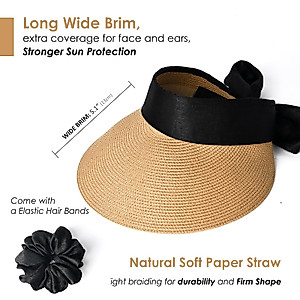 FURTALK Straw Sun Visor Hats for Women Summer Beach Sun Hat Packable UPF 50 Sun Protection Travel Hat with Big Tie Khaki