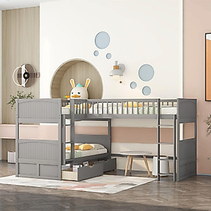 Triple Bunk Beds, L-Shaped Bunk Bed for 3 with Drawers,Twin Over Twin Wood Bunk Bed and Loft Bed with Storage for Kids, Boys, Girls, Teens, Adults, Gray