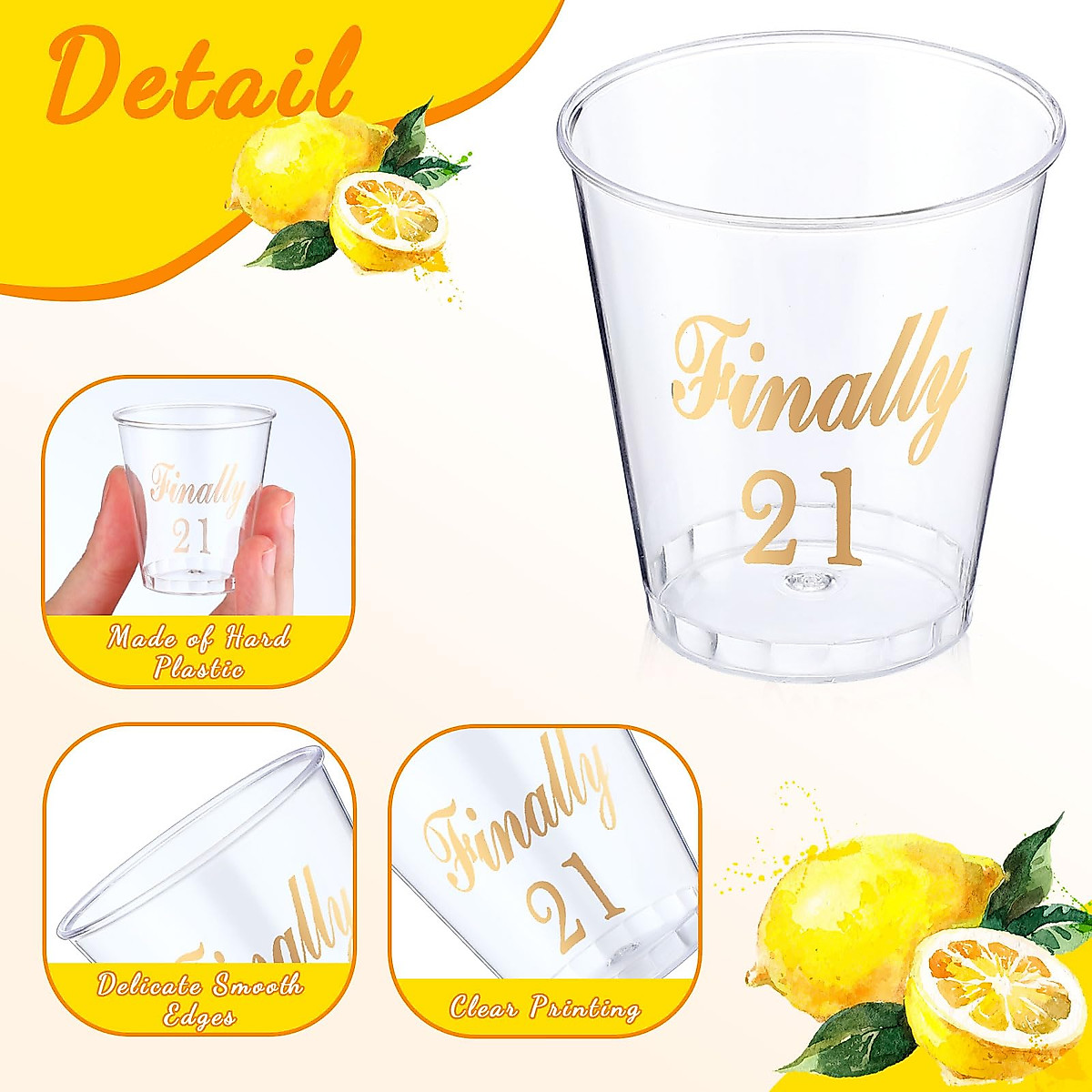 Roshtia 100Pcs 21st Birthday Shot Glass Finally 21 Plastic Shot Glass Disposable Shot Glass 2 oz Sample Cup Clear Plastic Shot Cup for Him Her Celebrate Twenty One 21st Birthday Party Supplies (Gold)