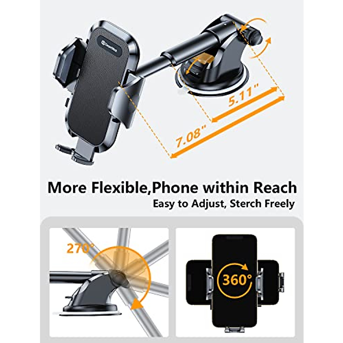 DesertWest [Original Mechanical Arm] Phone Mount for Car Dashboard & Windshield Universal Car Phone Holder with Strong Suction Cup Base Fit for iPhone 14 Pro Max 13 12X XS, Galaxy S23 S22 All Phones