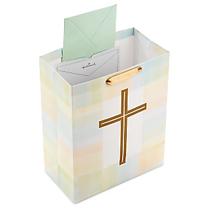 Hallmark 13" Large Gift Bag with Tissue Paper (Gold Cross, Green, Yellow) for Easter, First Communion, Confirmation, Weddings, Clergy Day
