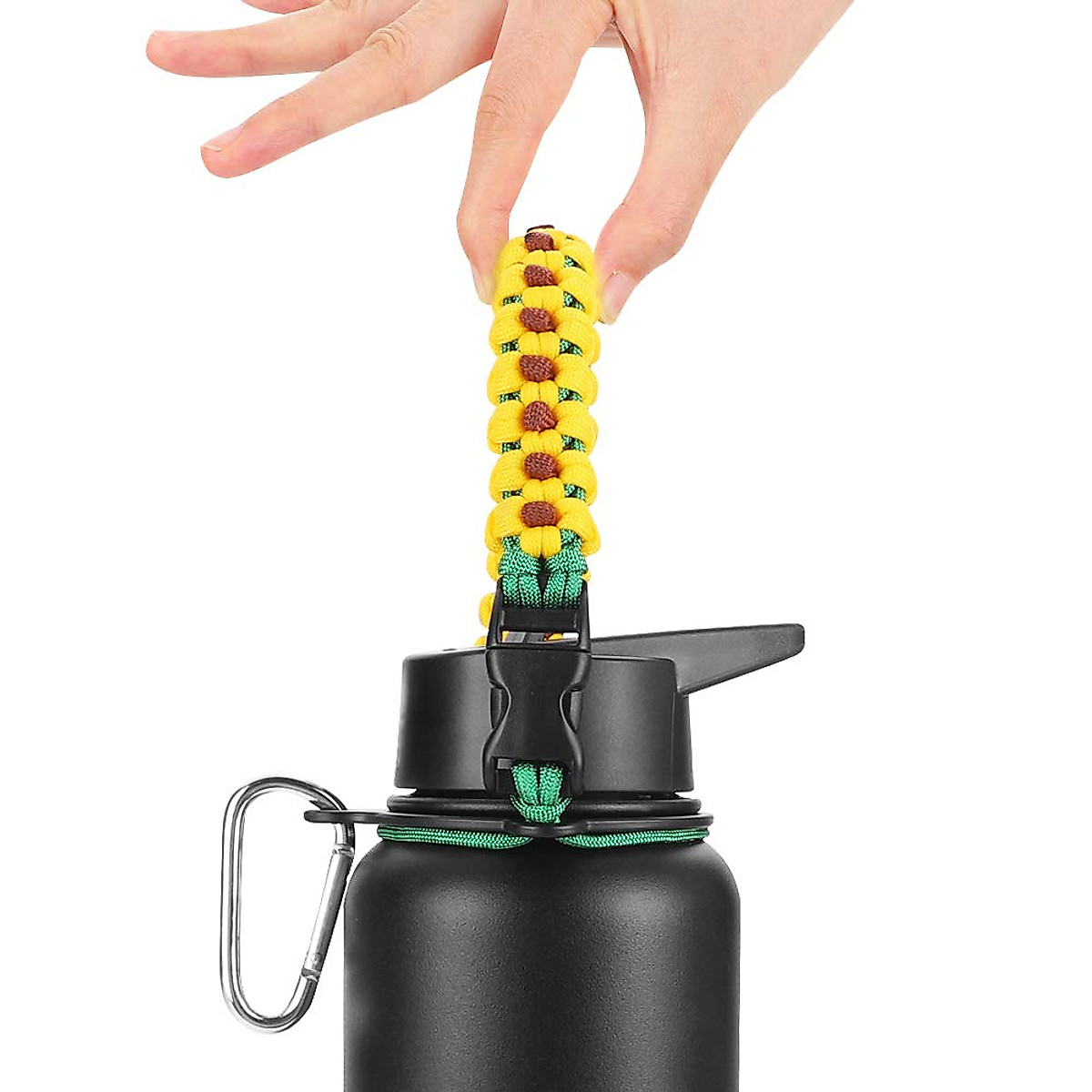 Accmor Water Bottle Handle for 12oz to 64oz Old Version Wide Mouth Hydro Flask, Bottles Accessories Paracord Strap Carrier with Safety Ring and Carabiner for Hiking (Yellow Flower)