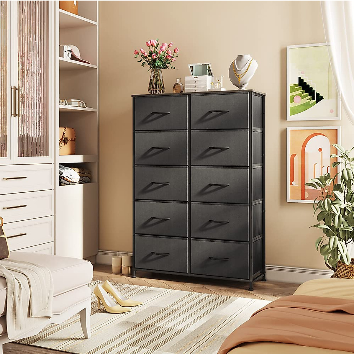 WLIVE 10-Drawer Dresser, Fabric Storage Tower for Bedroom, Hallway, Nursery, Closets, Tall Chest Organizer Unit with Textured Print Bins, Steel Frame, Wood Top, Easy Pull Handle, Charcoal Black