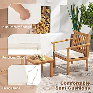 Tangkula 3 Pieces Patio Wood Furniture Set, Acacia Wood Chairs and Coffee Table Set with Soft Cushions, Slatted Design, Outdoor Furniture Set for Porch, Yard, Balcony (White)