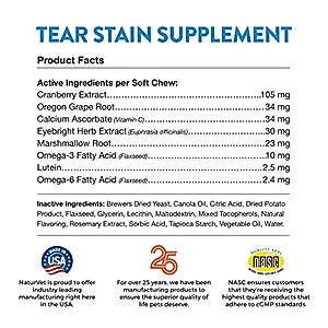 NaturVet – Tear Stain Plus Lutein – Eliminates Unsightly Tear Stains – Enhanced with Cranberry Extract, Marshmallow Root & Oregon Grape Root – for Dogs & Cats – 70 Soft Chews