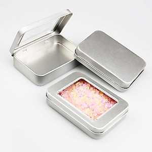 12 Pack Empty Rectangular Metal Storage Organizer Tins with Clear Window Hinged Lids for Candies, Gifts & Treasures (Silver)