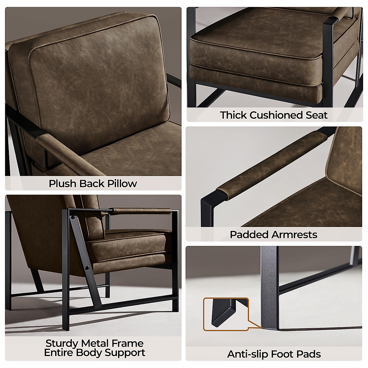 Yaheetech PU Leather Armchair, Retro Leisure Accent Chair with Extra Soft Padded and Cushion, Modern Reading Arm Chair with Black Metal Frame for Living Room/Office/Bedroom/Study, Brown