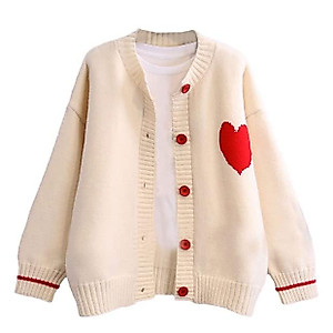 FindThy Women's Cute Cardigan Sweater Kawaii Love Heart Print Y2K Button Knitted Outerwear(0335-Beige-OneSize-LB)