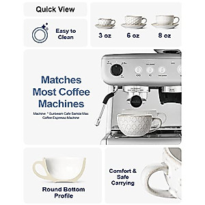 LE TAUCI 6 oz Cappuccino Cups with Saucers, House-warming Gift, Ceramic Embossment Coffee Cup for Au Lait, Double shot, Latte, Cafe Mocha, Tea - Set of 4, Arctic white
