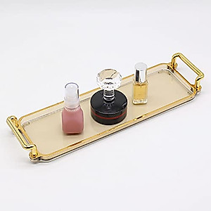 2 Pack Plastic Serving Tray with Gold Handles, 12 x 4 inch Clear Amber Decorative Tray with 1”Wall, Long Narrow Coffee Table Tray Rectangular Tea Tray Decor with Gold Rim for Bar, Party, S, Halyuhn