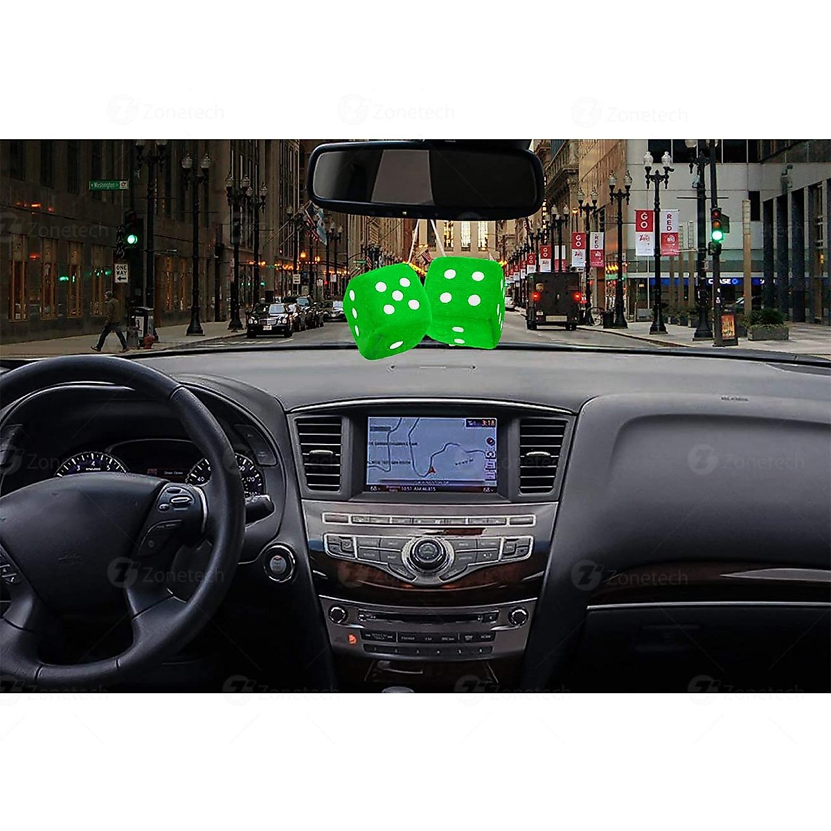 ZONETECH Green 3" Square Hanging Dice-Soft Fuzzy Decorative Vehicle Hanging Mirror Dice with White Dots - Pair