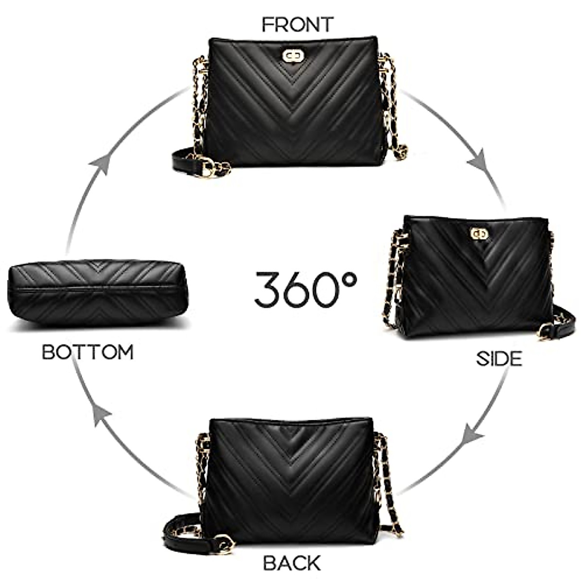 CHERUTY Crossbody Bags for Women Small Leather Crossbody Purse Quilted Lightweight Shoulder Satchel Handbags with Gold Chain Strap(Black)