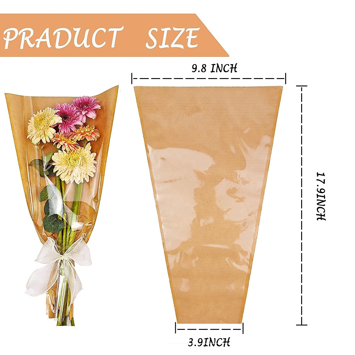 50 Pack flower bags for bouquets, flower bouquet wrapping paper, bouquet bags Kraft floral wrapping paper, Flower Sleeves Wrapping Bags Perfect for Mother's Day, Wedding (9.8in x 18in x 3.9in)