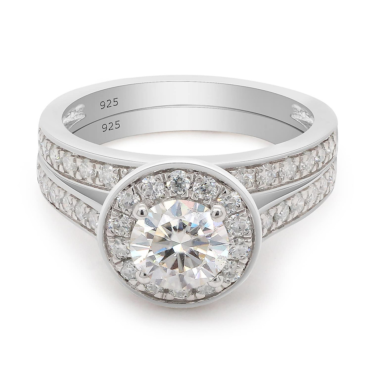 SAVEARTH DIAMONDS 14K White Gold Over Sterling Silver 1 3/4 Carat 6.5MM G-H Color Moissanite Lab Created Diamond Halo Engagement Wedding Ring Set 2 Pieces (1.75 Cttw) Ring Size-8