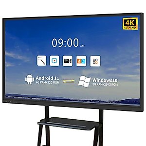 65'' Smart Digital Whiteboard, Interactive Board 4K UHD Smartboard Touchscreen Display, All in One Computer for Classroom and Business (Board + Black Stand)