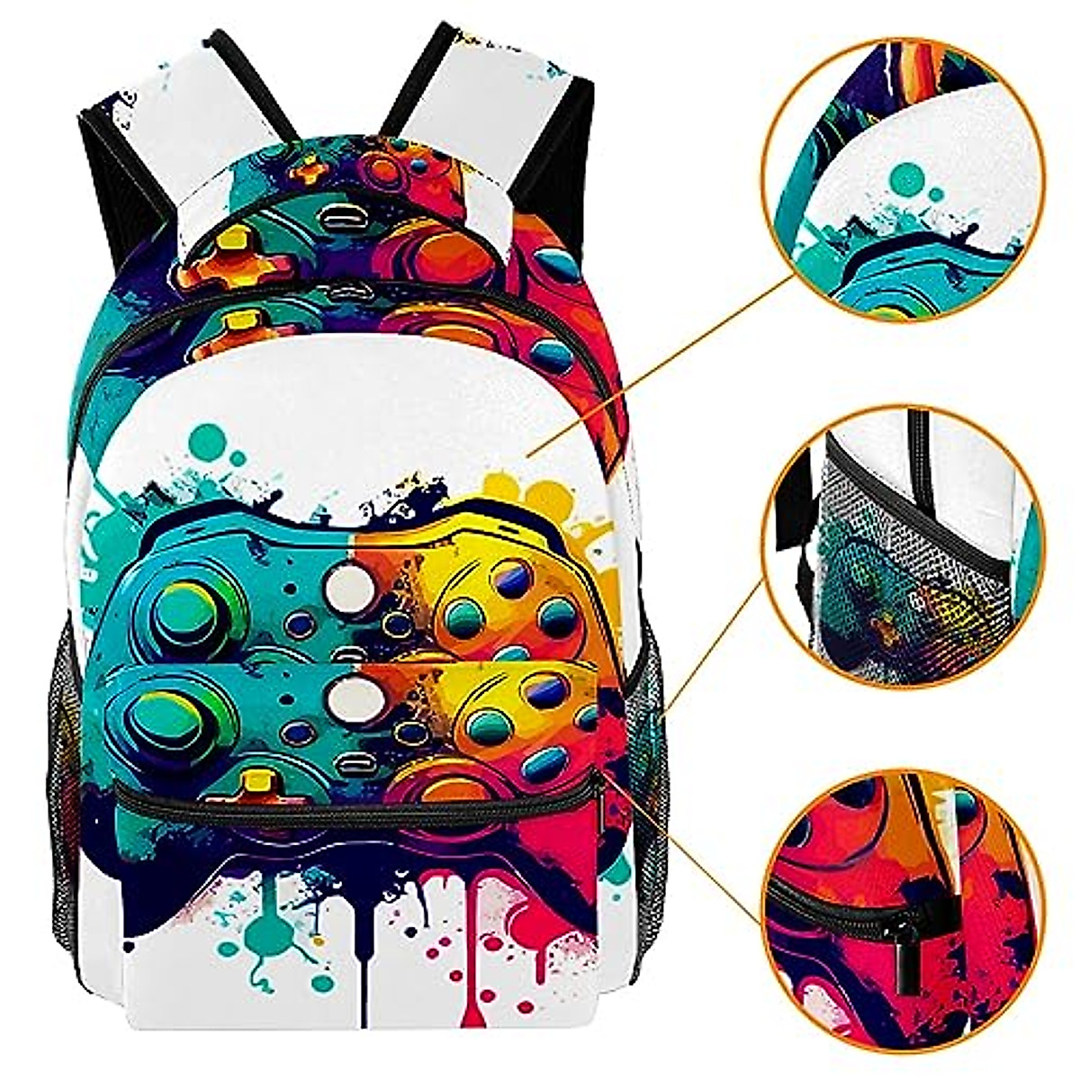 KikandKo School Backpack for Boys, Gaming Controller Rainbow School Bags Lightweight Travel Rucksack Laptop Backpacks