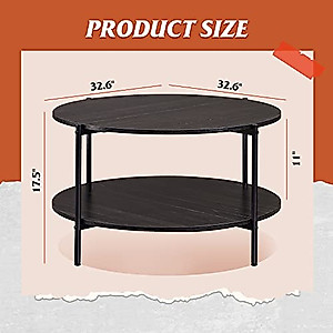 WLIVE Round Coffee Table, Living Room Table with 2-Tier Storage Shelf,32in Wood Modern Coffee Table with Metal Frame and Wood Desktop,Easy Assembly,Charcoal Black.