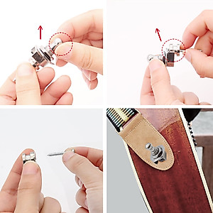 Tnuocke 4pcs Silver Metal Guitar Straps Button Lock Set, Guitar Strap Locks with Easy Remove Screw Release Straplocks 4 Black Rubbers Washers(Silver) H-K-003-W