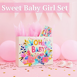FENKON 13'' Large Baby Girl Gift Bag for Baby Shower Birthday with Tissue Paper and Greeting Card, Flowers OH BABY (BabyPink, 13'')