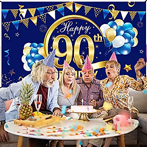 Kauayurk Happy 90th Birthday Banner Decorations for Men - Blue Gold 90 Backdrop Party Supplies Year Old Photo Background Sign Decor, blue 90th