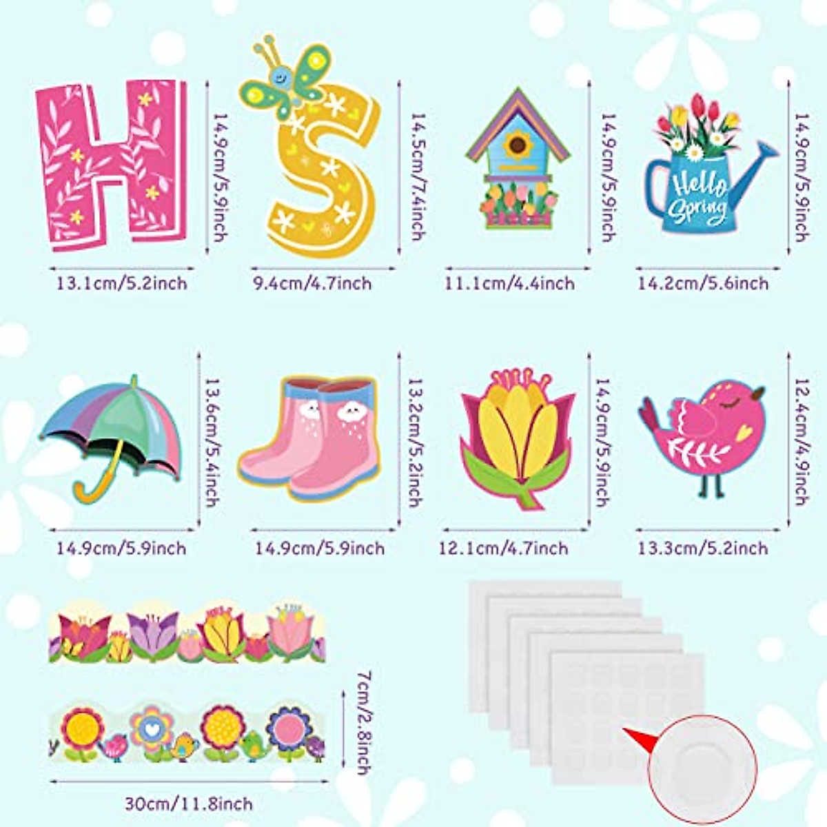 67 Pcs Hello Spring Cutouts, Spring Bulletin Board Decoration Set Flower Accents DIY Paper Cutouts with 100Pcs Glue Points Seasonal Classroom Decor for School Kindergarten Spring Party Supplies