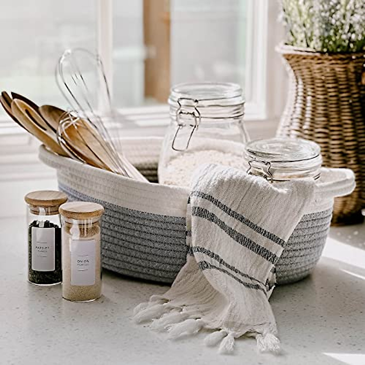 Goodpick Small Woven Basket Cute Gray Rope Basket Cotton Basket Baby Room Storage Basket Dog Toy Basket with Handles Empty Gift Basket for Shelf 12"x 8" x 5" Easter Basket Oval Candy Color Design