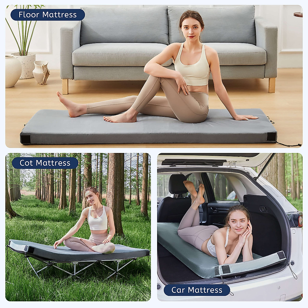 HomeMate CertiPUR-US Memory Foam Camping Mattress Pad Portable Roll Up Mattress for Adults Sleeping Mat Cot Mattress Pad Car Tent Floor Mattress Removable Waterproof Cover Travel Bag Guest Bed