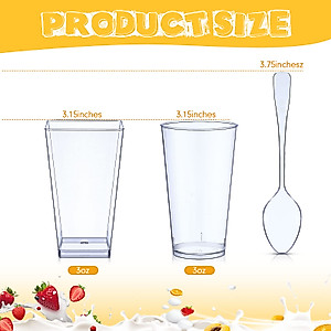100 Set 3 oz Mini Dessert Cups with Spoons Round Clear Plastic Parfait Appetizer Cup Square Parfait Cups Disposable Shooter Cups Small Mousse Cups for Tasting Trifle Desserts Puddings, 2 Styles