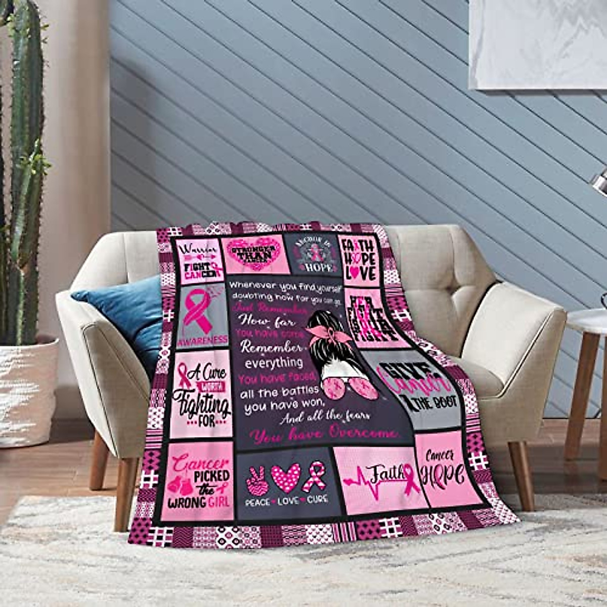Pesine Cancer Awareness Blanket for Women Healing Survivor Gifts Get Well Throw Blankets Flannel 50X60in Multicolor