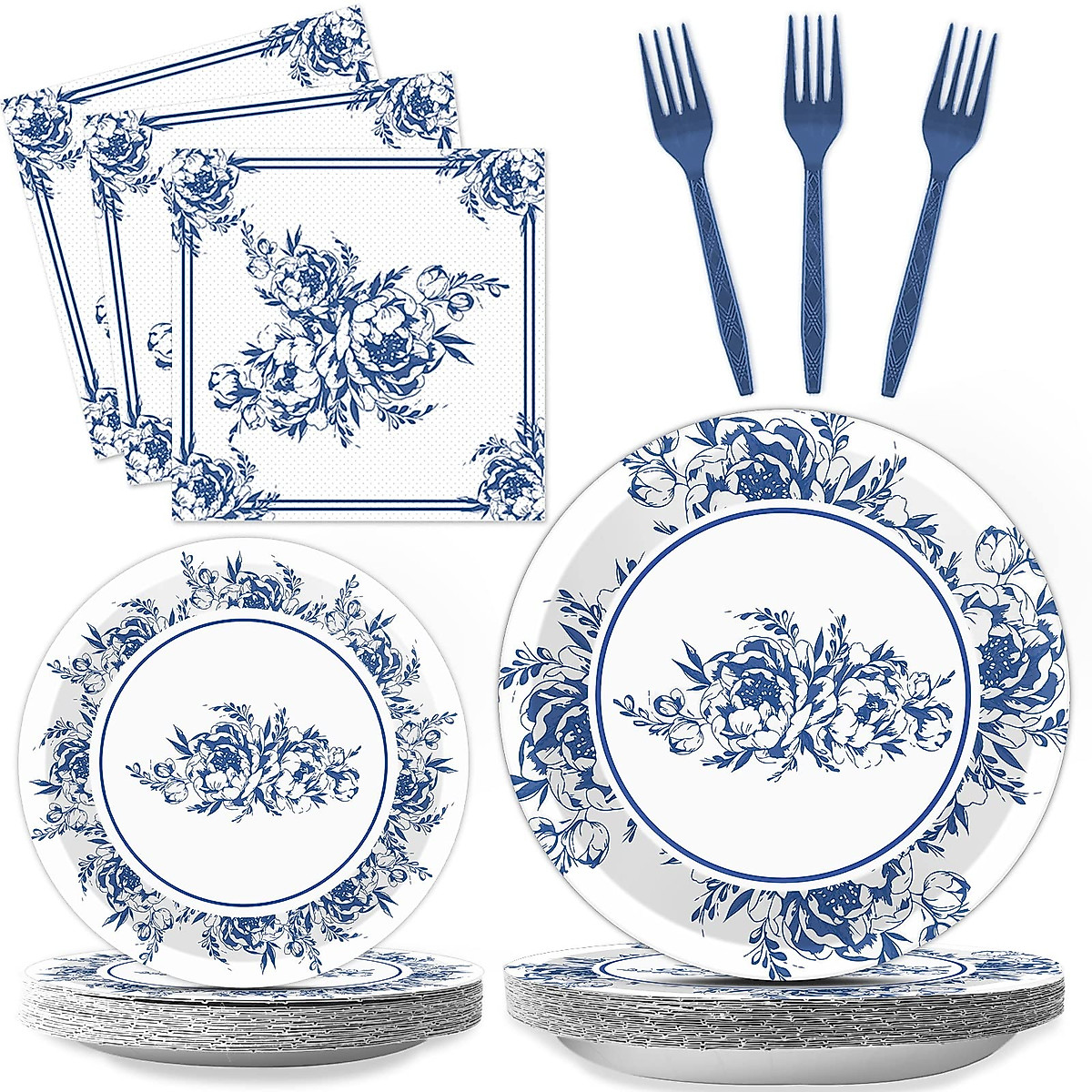 96 PCS Floral Blue & White Flower Party Tableware Set Disposable Party Supplies Decorations Bridal Birthday Baby Shower Tea Spring Summer Dinnerware Decor for Men Women Plates Napkins Forks Serve 24