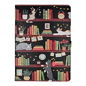 YOYOYX Case for All-New Kindle Fire HD 10 & 10 Plus Tablet (11th Generation, 2021 Release), Book Lovers Design PU Leather Folio Multi-Angle Stand TPU Back Cover, Cat Bookshelf