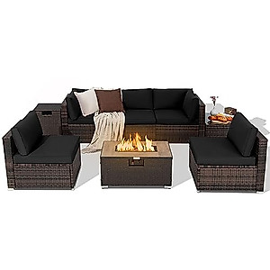 BaRdzo 8PCS Patio Rattan Furniture Set Fire Pit Table Tank Holder Cover Deck Black
