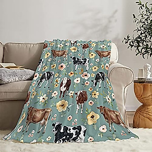 Cow Print Blanket Soft Warm Cute Cow Flowers Throw Blanket Fluffy Plush Lightweight Cozy Cows Fleece Flannel Girls Gift Blankets for Kids Adults Bedding Couch Sofa 50"X40"