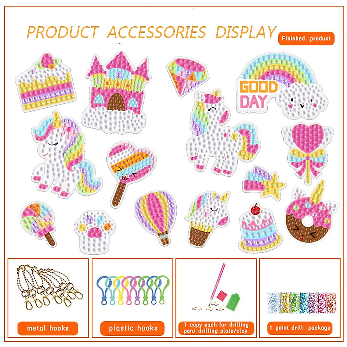 kungerlly 15 PCS Arts and Crafts GEM Keychains for Kids Ages 8-12,Diamond Painting Keychains Kits by Number,Mosaic Toys and Gifts for Girls Ages 3-5 4-6 6-8 (Unicorn Donut Set)