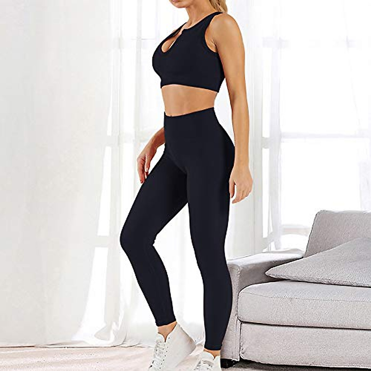 Women Workout Outfits 2 Piece Ribbed Seamless Crop Tank High Waist Yoga Leggings Sets