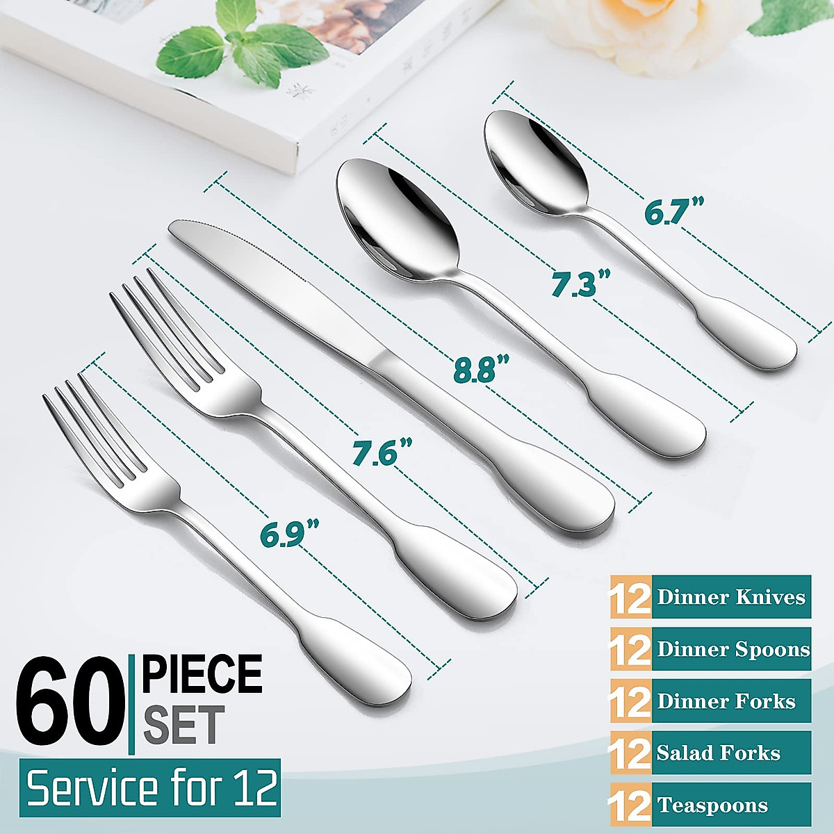 18/10 Silverware Set, E-far 60-Piece Stainless Steel Flatware Cutlery Set Service for 12, Metal Tableware Eating Utensil Sets for Home/Restaurant/Wedding, Elegant & Classic Style - Dishwasher Safe