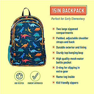 Wildkin 15-Inch Kids Backpack for Boys & Girls, Perfect for Early Elementary Daycare School Travel, Features Padded Back & Adjustable Strap (Jurassic Dinosaurs)