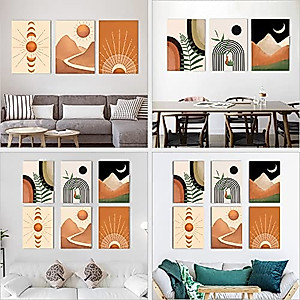 Gisipameis Boho Wall Art Set of 6, Mid Century Modern Decor 8" x 10" Unframed, Sun Moon Palm Leaf Black Beige Neutral Abstract Geometric Boho Wall Decor Canvas Prints for Bedroom Living Room Bathroom (Orange)