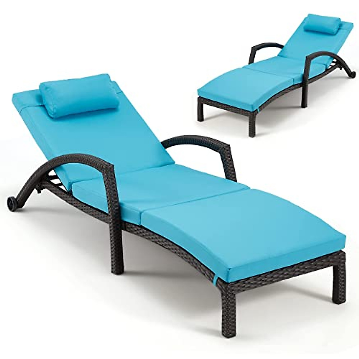 HOMREST Outside Chaise Lounge Chairs Set of 2, Adjustable 6 Position Outdoor PE Rattan Wicker Patio Pool Lounge Chair with Cushion, Arm, Pillow and Wheels for Poolside Backyard Deck Porch Garden