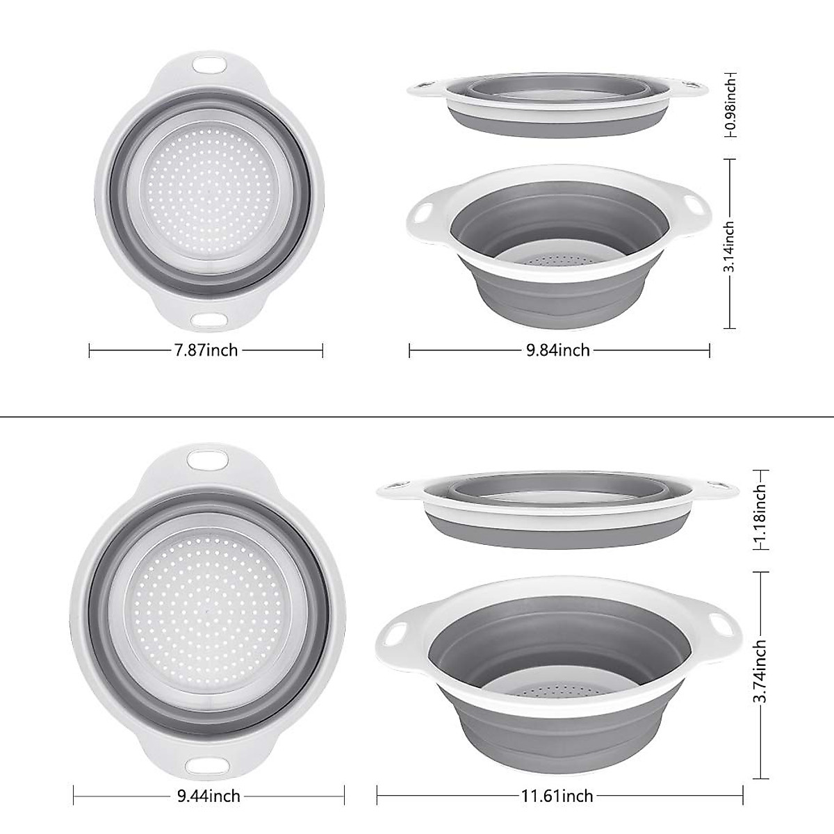 QiMH Collapsible Colander and Strainer Set of 3-2 PC 4 Quart(1 gal) and 1 PC 2 Quart(0.5 gal) - BPA Free & Dishwasher-safe Silicone Kitchen Foldable Strainer for Pasta, Veggies